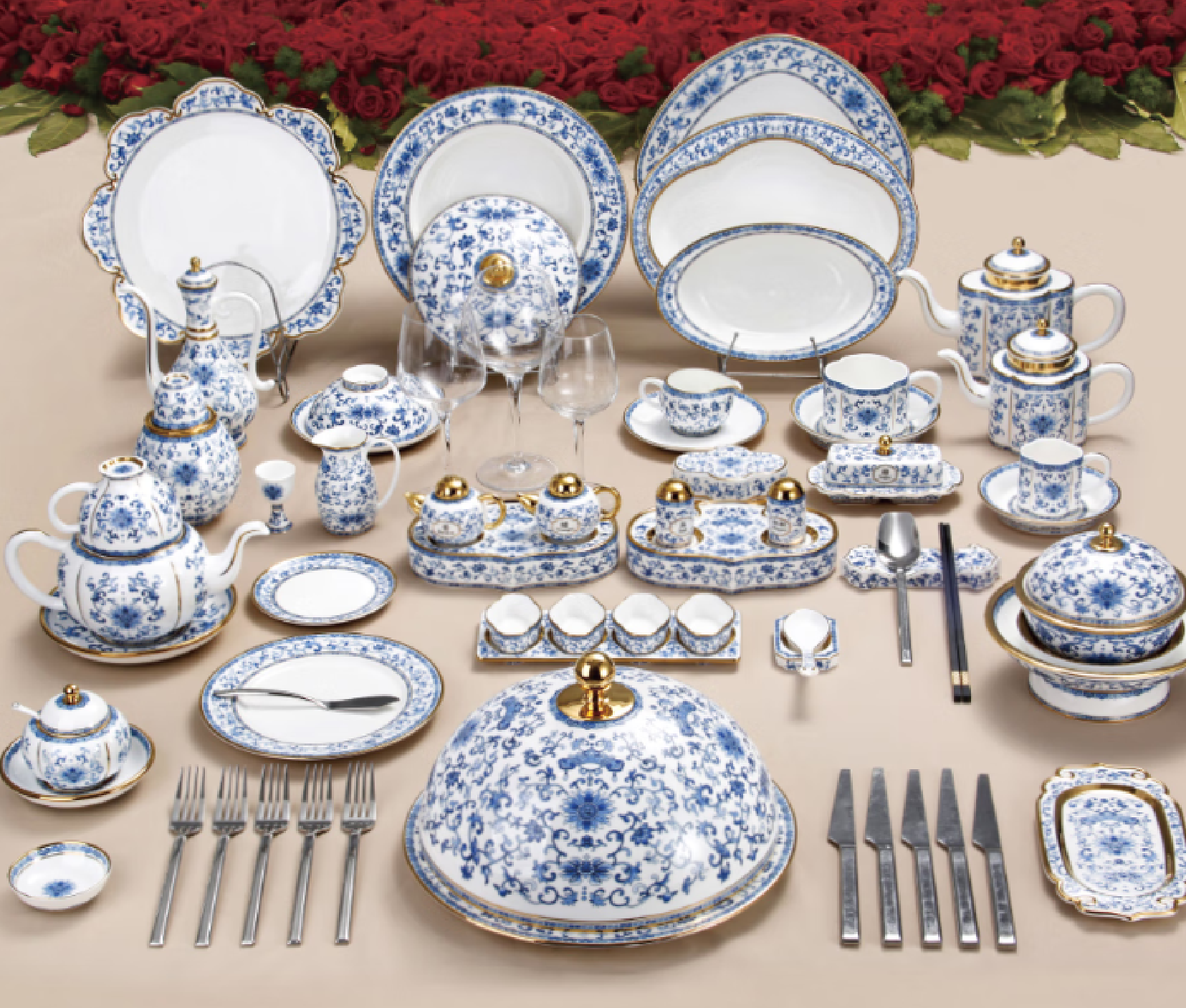 Chinese Style Blue and White Porcelain 52-Piece Set Bone China ...